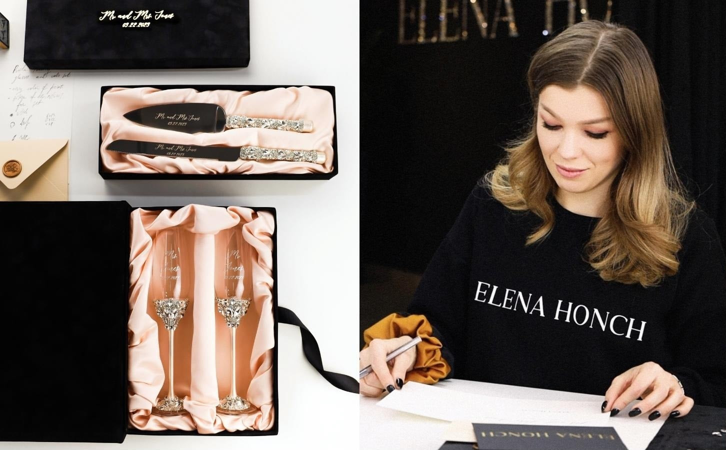 ELENA HONCH PERSONALIZED WEDDING FLUTES.UNIQUE WEDDING GIFT FOR COUPLE