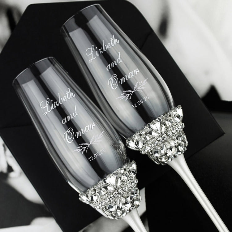 ELENA HONCH PERSONALIZED FLUTES. WEDDING FLUTES. TOASTING FLUTES. GIFT